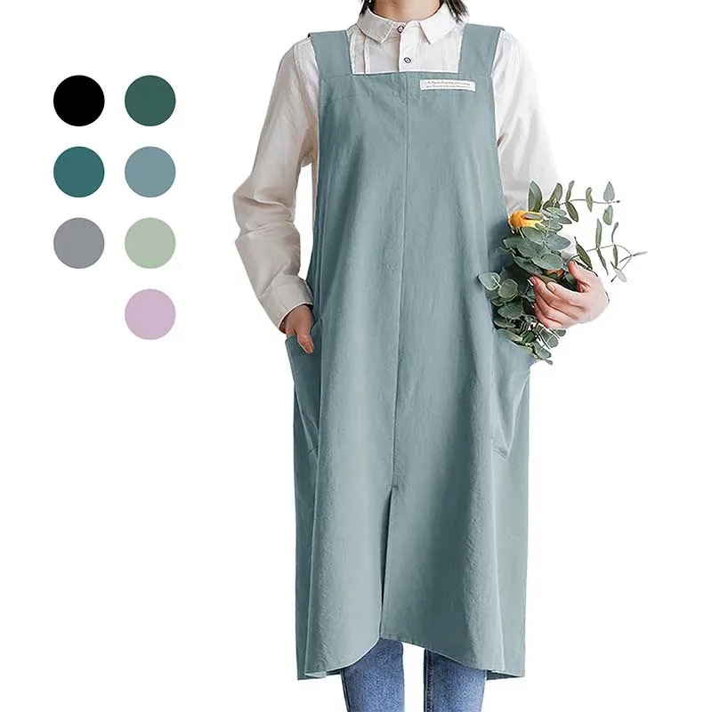 Split No-ties Cross Back Cotton Linen Kitchen Apron with Pockets for ...