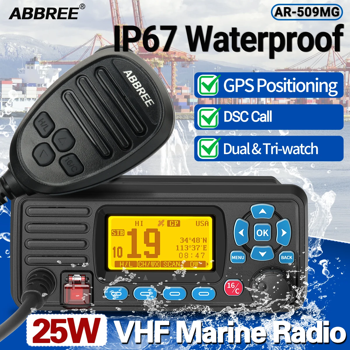 ABBREE AR-509MG Marine Radio VHF 25W with GPS Waterproof IP67 DCS Call ...