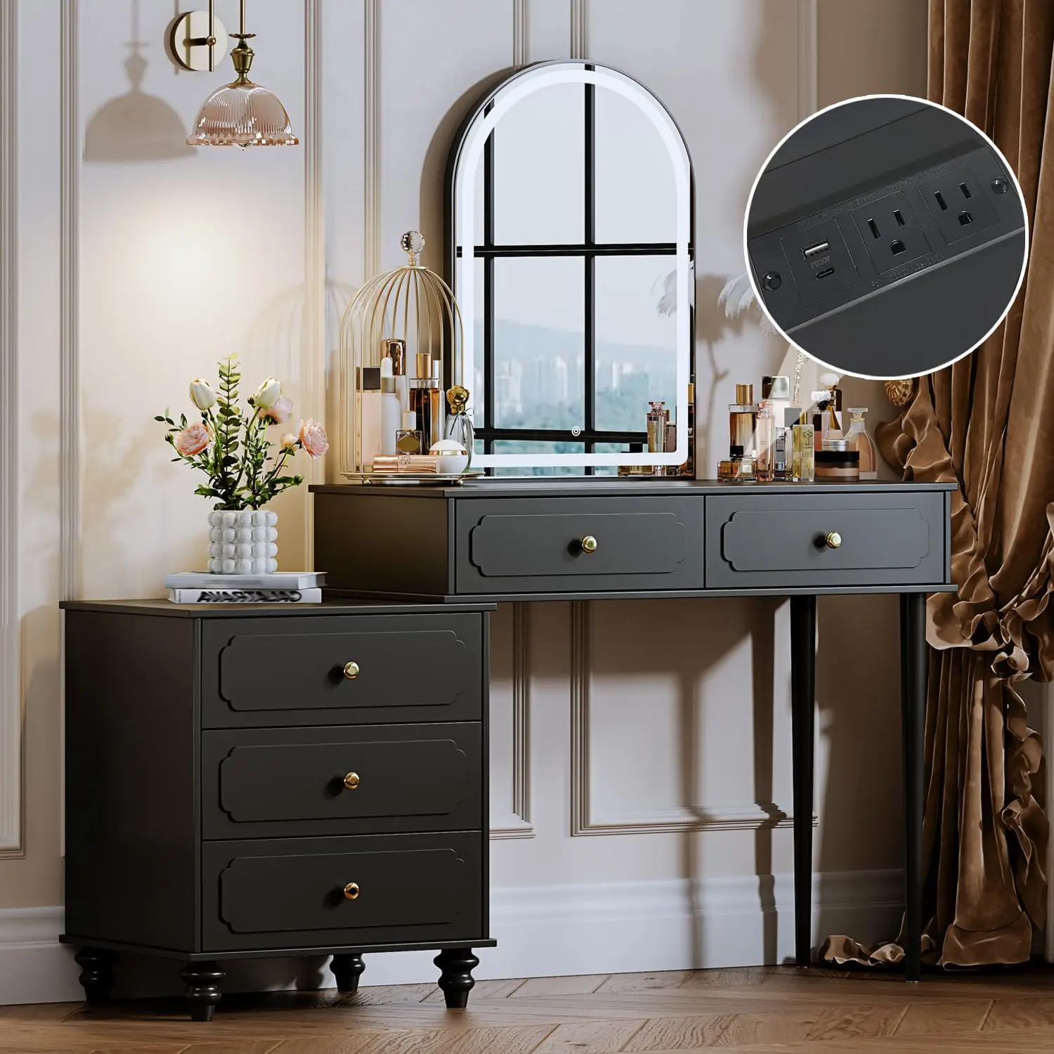 Vanity-Desk-with-3-Color-Touch-Screen-Dimming-Mirror-Modern-Retractable ...