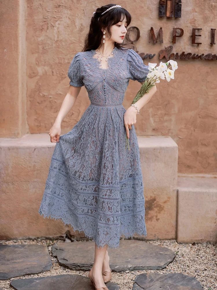 French Chic Long Vintage Style Smog Blue Bubble Sleeve Fairy Lace Dress ...