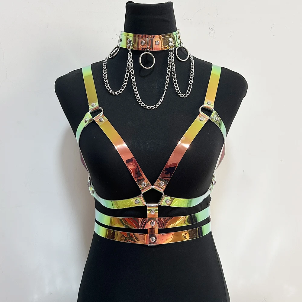 New-Women-Raibow-PVC-harness-for-bust-Metal-Chain-Chest-Harness-wide ...