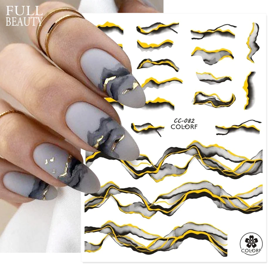 1pcs 3D Black Gold Bronzing Marble Nail Stickers French Line Ink Decals ...