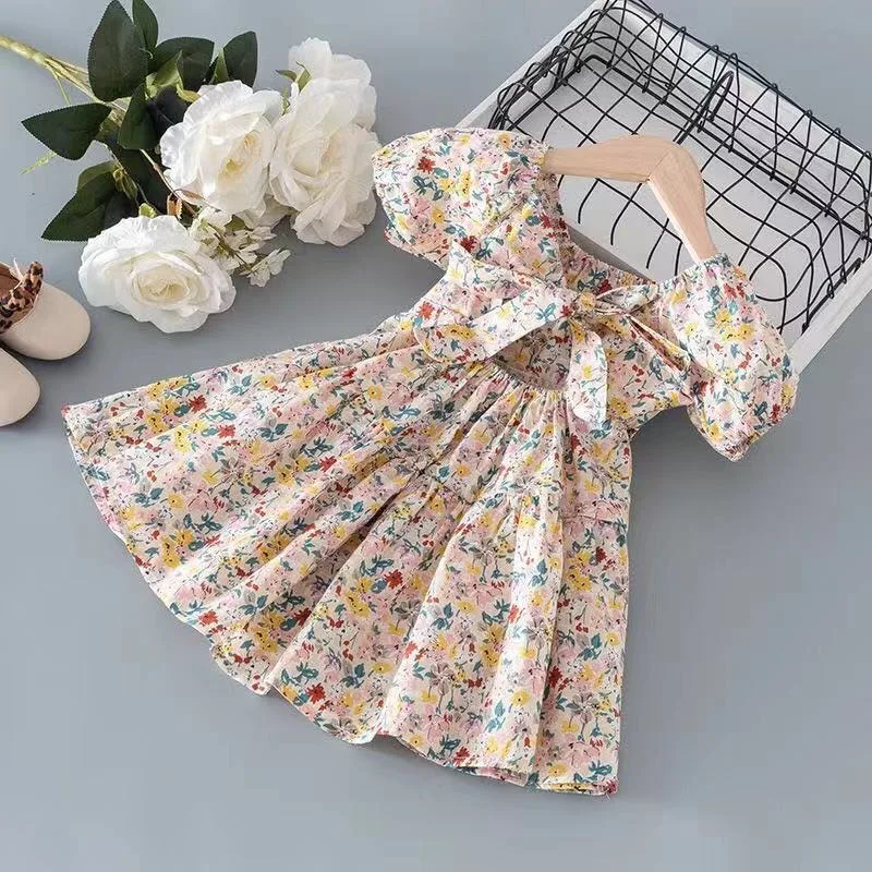 Girls-Summer-Floral-Dress-Flower-Printed-Short-Sleeve-Bowknot-Dresses ...