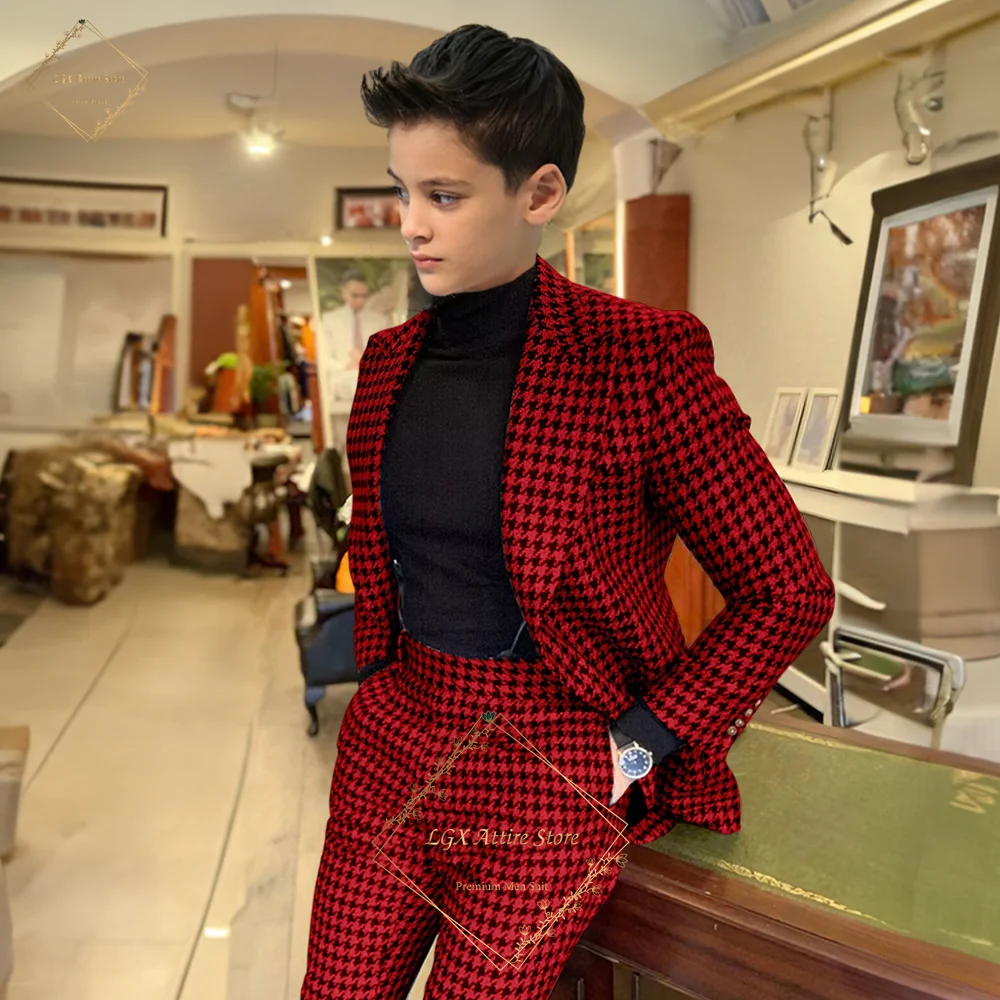 Boys luxury elegant houndstooth suit 2 piece set, custom peaked lapel ...