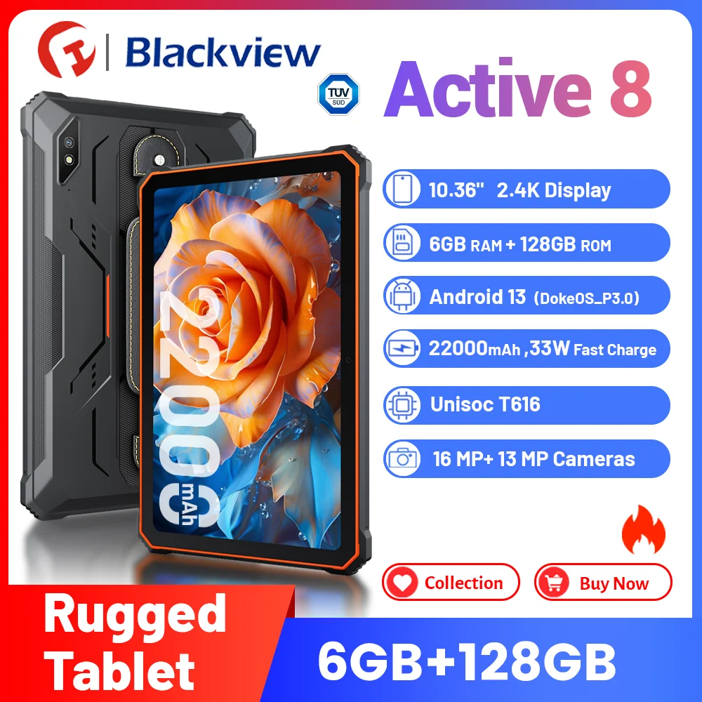 Rugged Tablets Blackview Active 8 ,Android 13 ,6GB+128GB ,22000mAh,10.36'' 1200*2000FHD+IPS ...