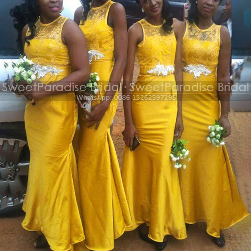 Gold-Yellow-Lace-Mermaid-Bridesmaid-Dresses-With-Appliques-Sheer-Neck ...