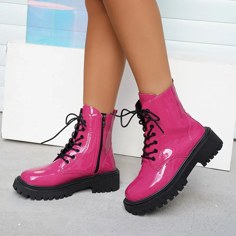 Lucyever-2023-Fashion-Pink-Motorcycle-Boots-Women-Pu-Leather-Platform ...