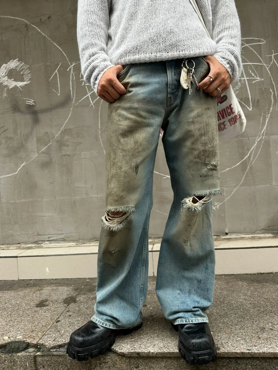 Mud-Dyed-Damaged-Washed-Old-Worn-Knife-Cut-Blue-Jeans-Straight-Wide-Leg ...