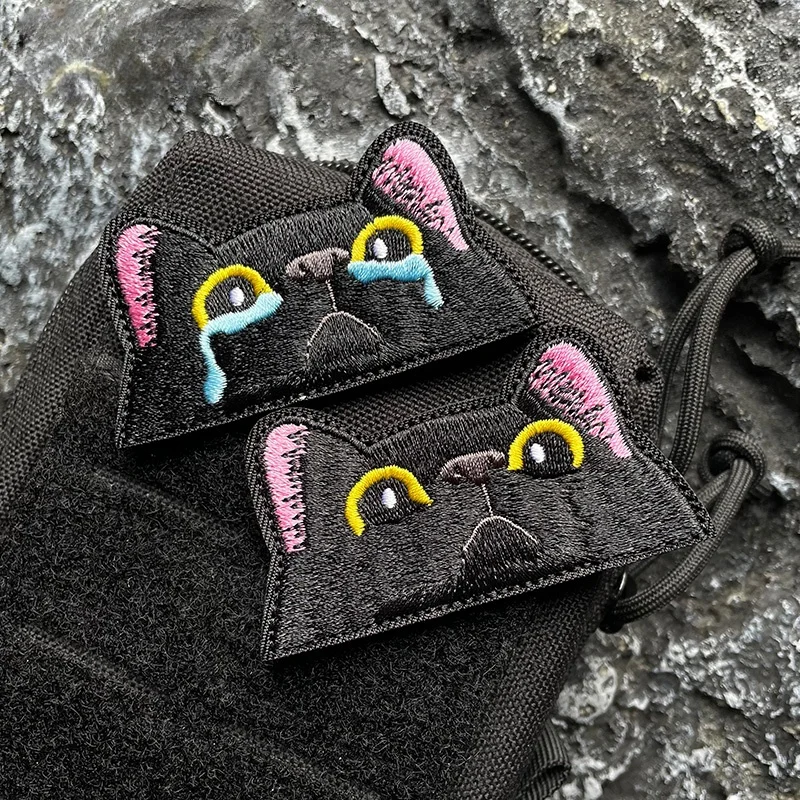 Black-Cat-Face-Patches-for-Clothing-Cute-Cry-Cat-Patch-Embroidered-Hook ...