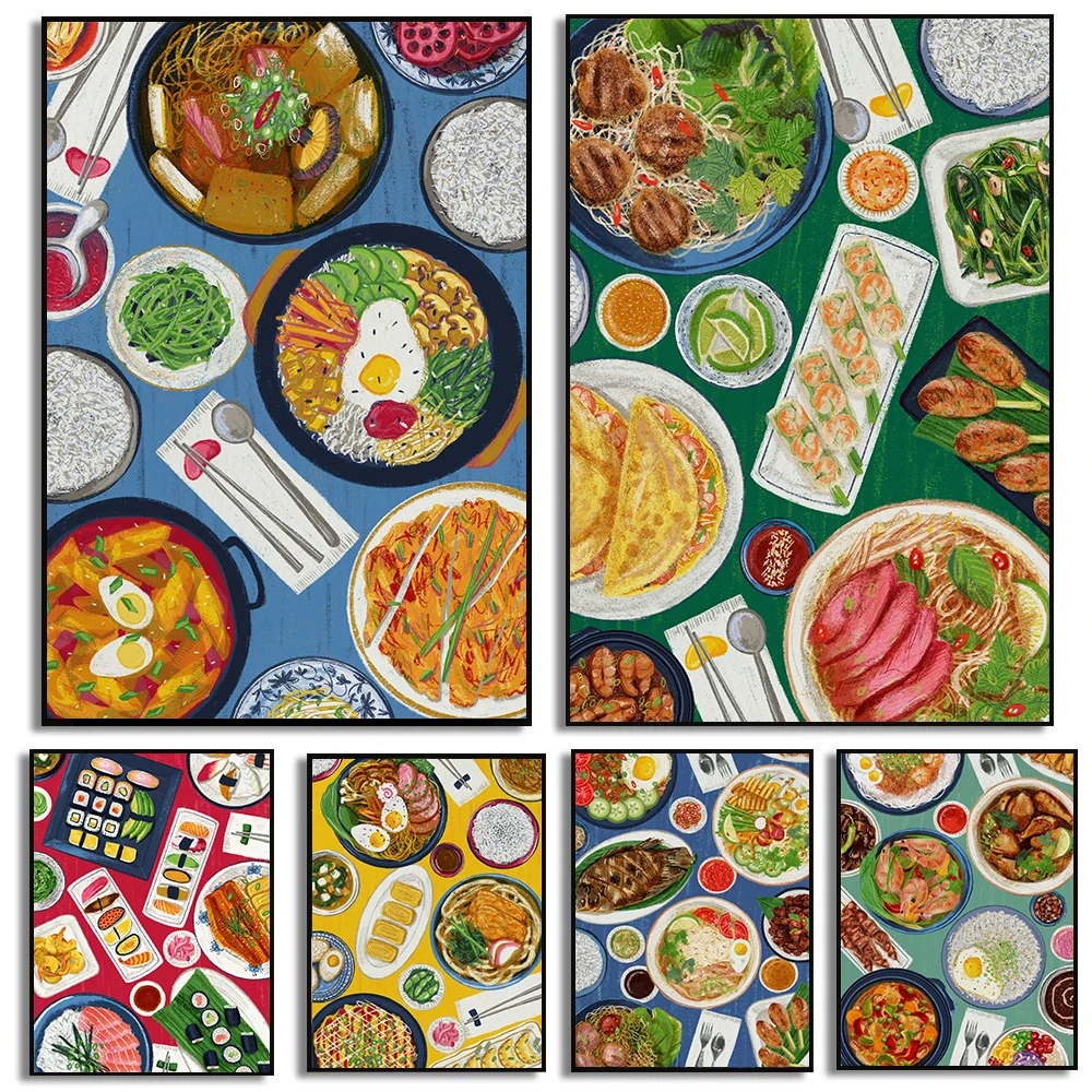 Asian Food Illustrated Poster Foodie Cuisine Kitchen Chef Prints Canvas ...