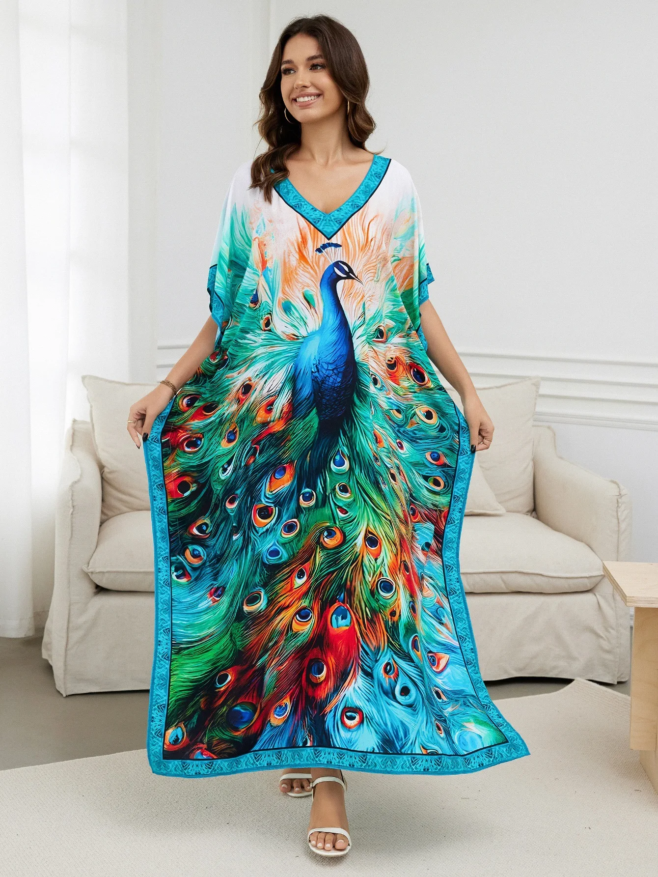 Peacock beach smock spun cotton positioning print holiday home robe ...