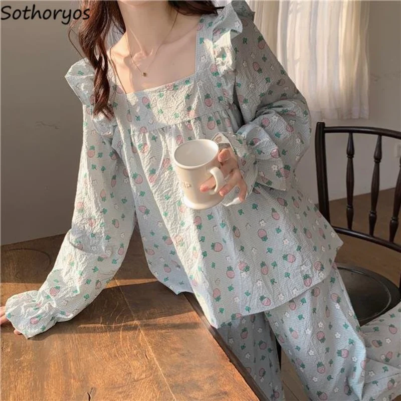 Pajama-Sets-Women-Korean-Sleepwear-Autumn-Lovely-Simple-Square-Collar ...