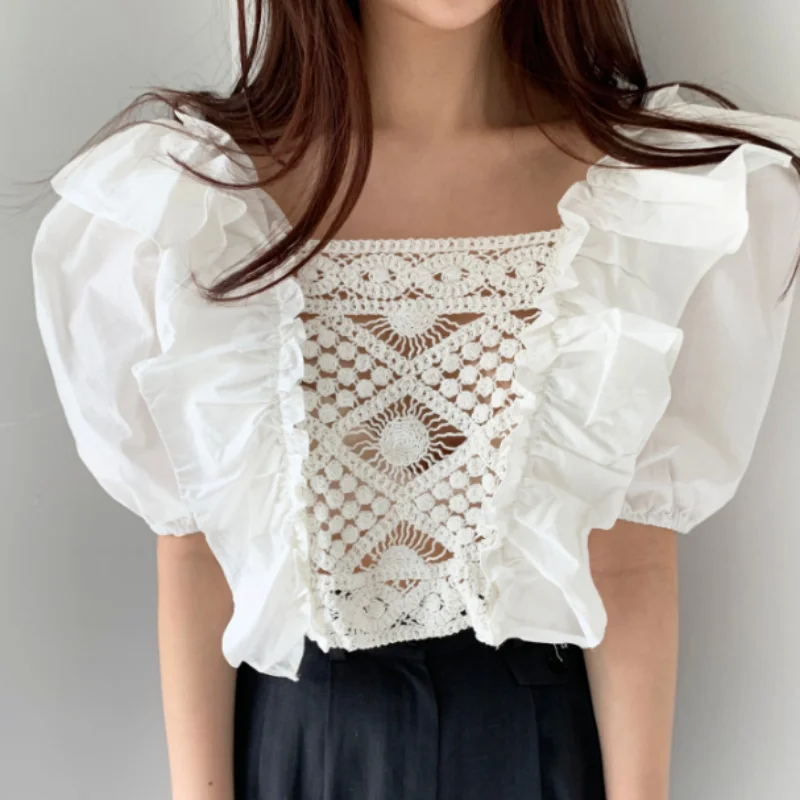 Blusa de encaje de manga abullonada de ganchillo para mujer, camisa de cuello cuadrado Vintage ...