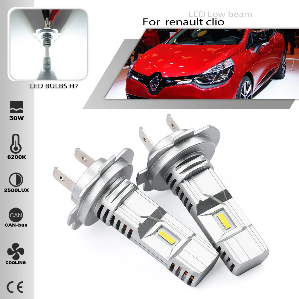 2PCS H7 Led Bulbs Car Headlights Low Beam 6500K White Auto Lighting For Renault Clio IV BH ...