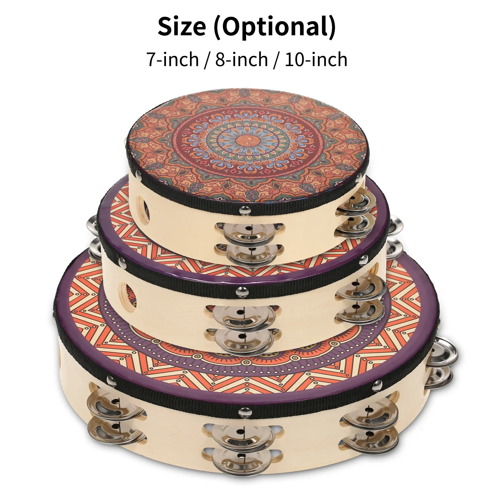Wooden-Tambourine-Handbell-Hand-Drum-with-Double-Row-Metal-Cymbals ...