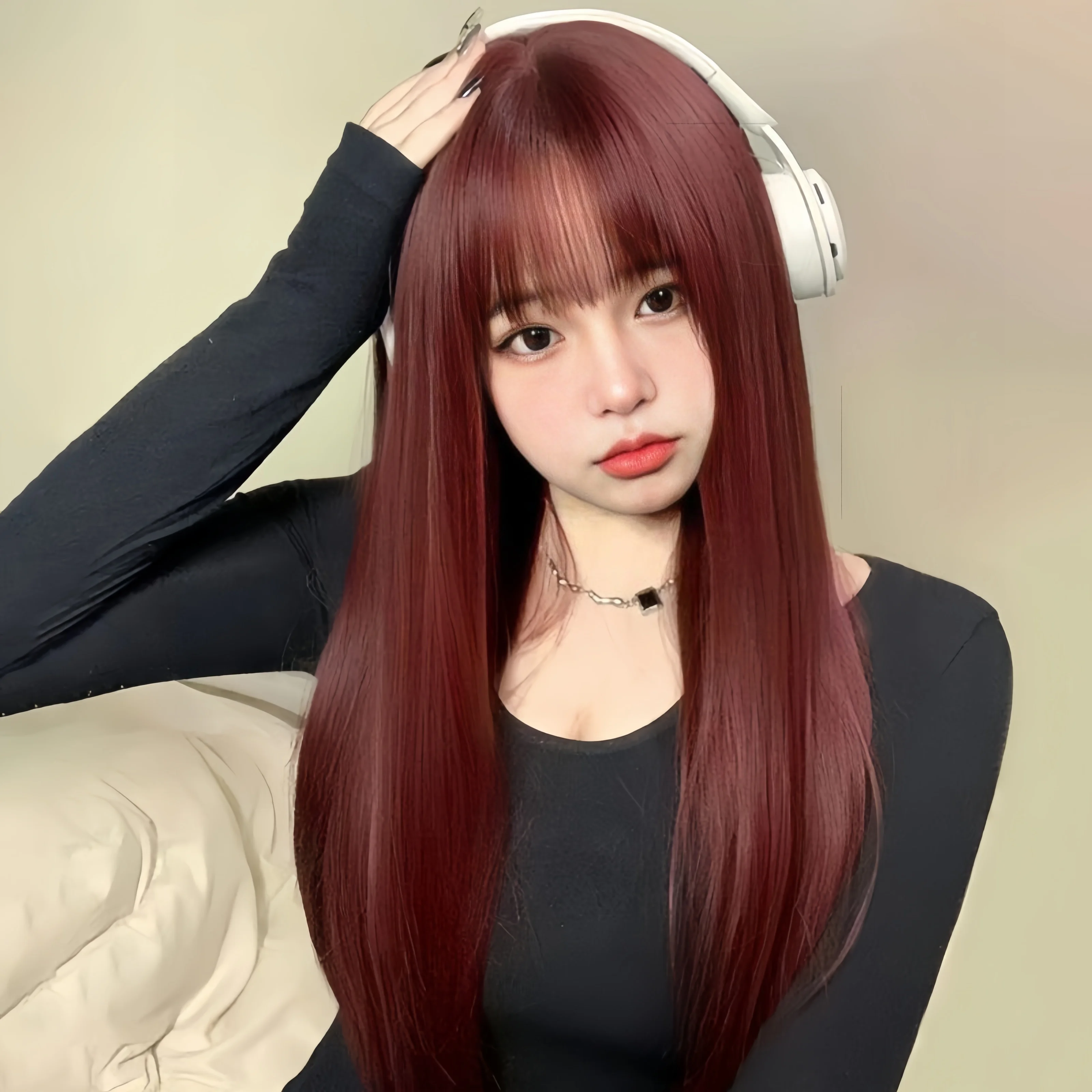 Wig female wine red long straight hair comic fringe temperament repair ...