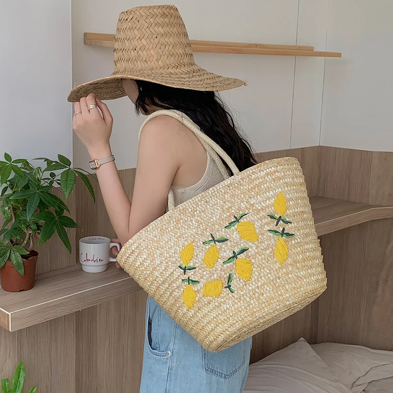 New-Straw-Woven-Bag-Lemon-Fruit-Embroidery-Handwoven-Bag-Women-s ...