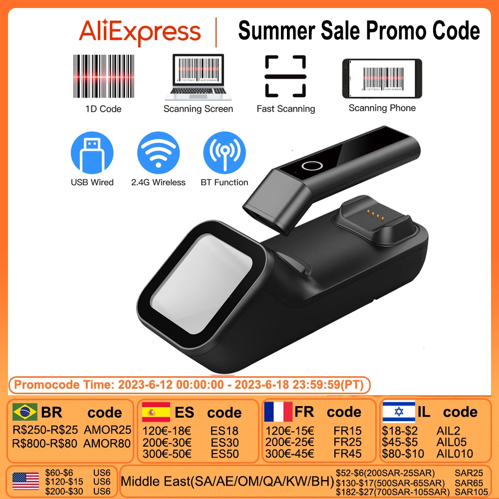 Aibecy 3-in-1 1D/2D/QR Bar Code Reader BT & 2.4G Wireless Barcode ...