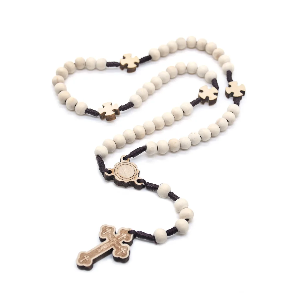 Log Wooden Beads Hand Woven Religious Belief Cross Rosary Pendant ...
