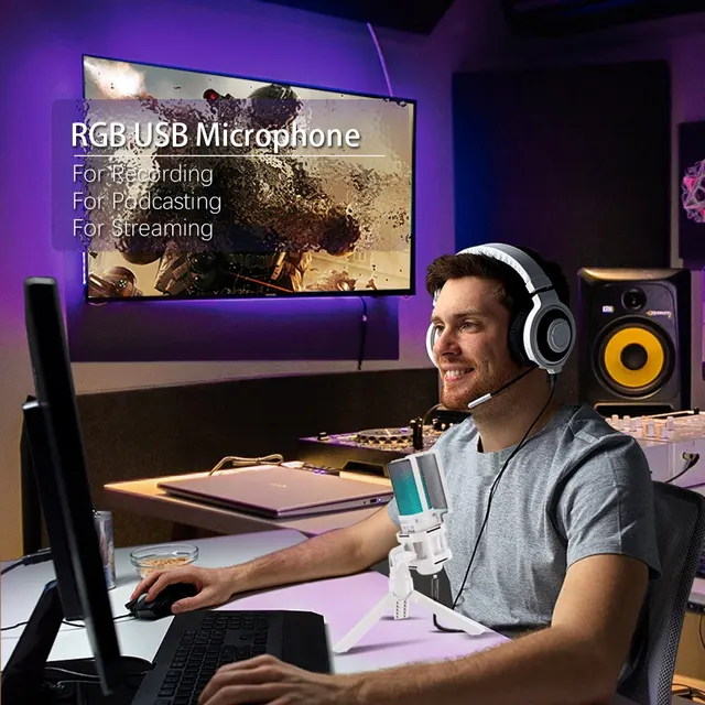 Zealsound USB Condenser Recording Microphone White RGB Streaming Mic ...