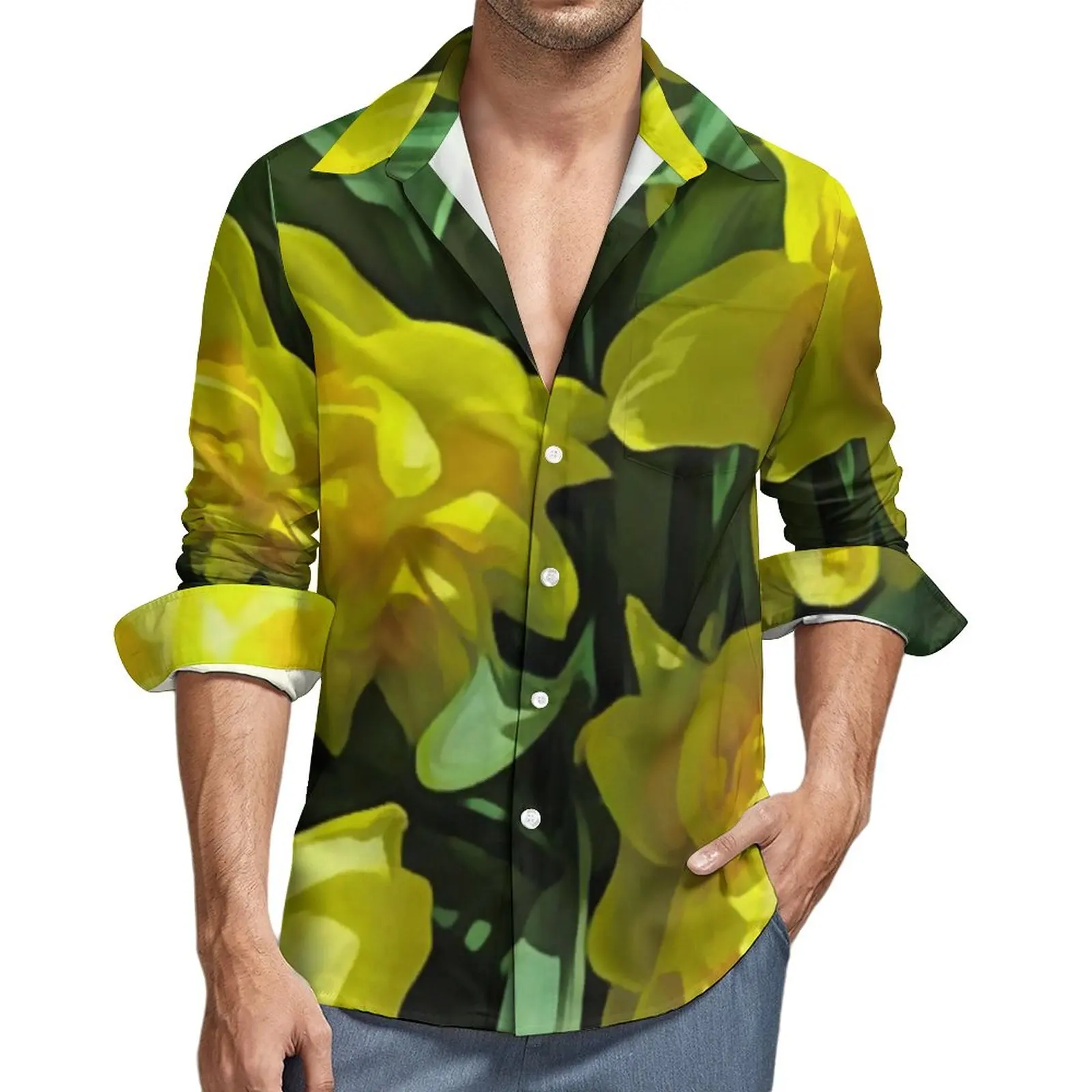 Bright-Yellow-Flower-Shirt-Autumn-Daffodils-Print-Casual-Shirts-Male ...