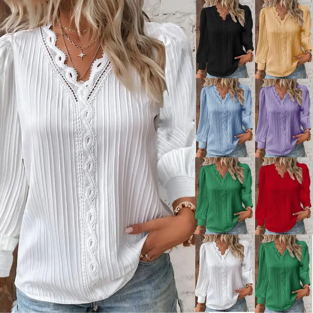 Women-s-Lace-Stitching-Shirt-Loose-Stitching-V-neck-Long-Sleeve ...