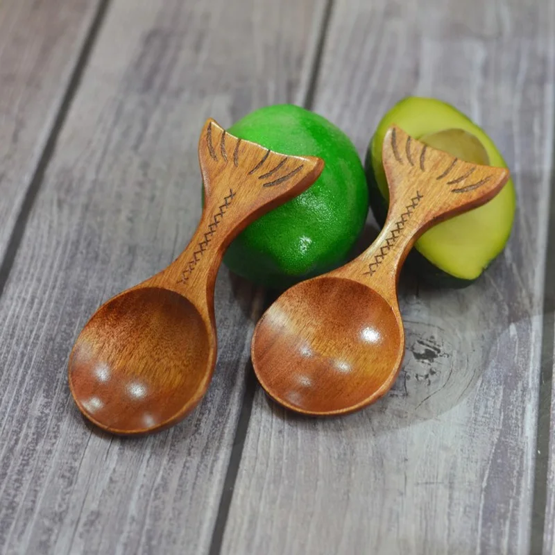 Creative-Wooden-Fishtail-Shaped-Small-Spoon-Short-Handle-Salt-Tea ...