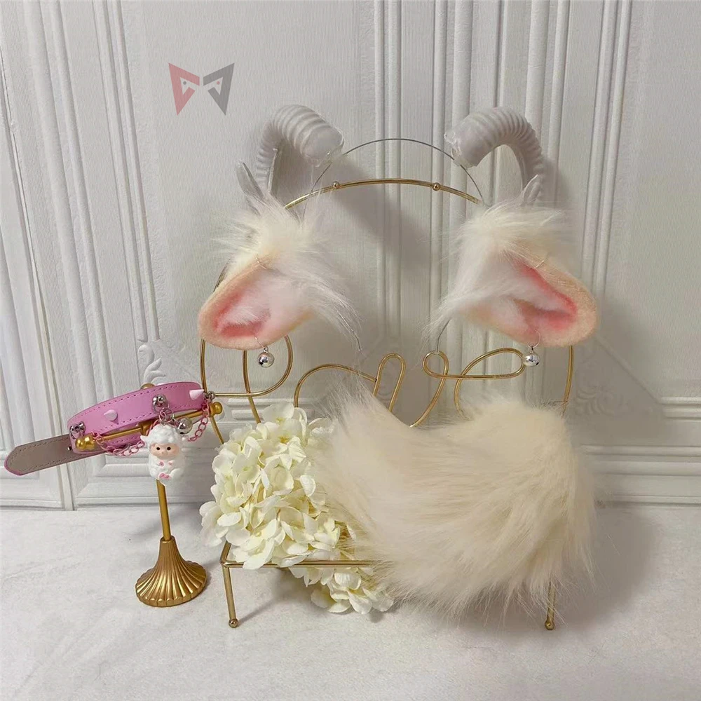 New Sheep Ears Horns Hairhoop Tail Necklace Earrings Bells Cosplay ...