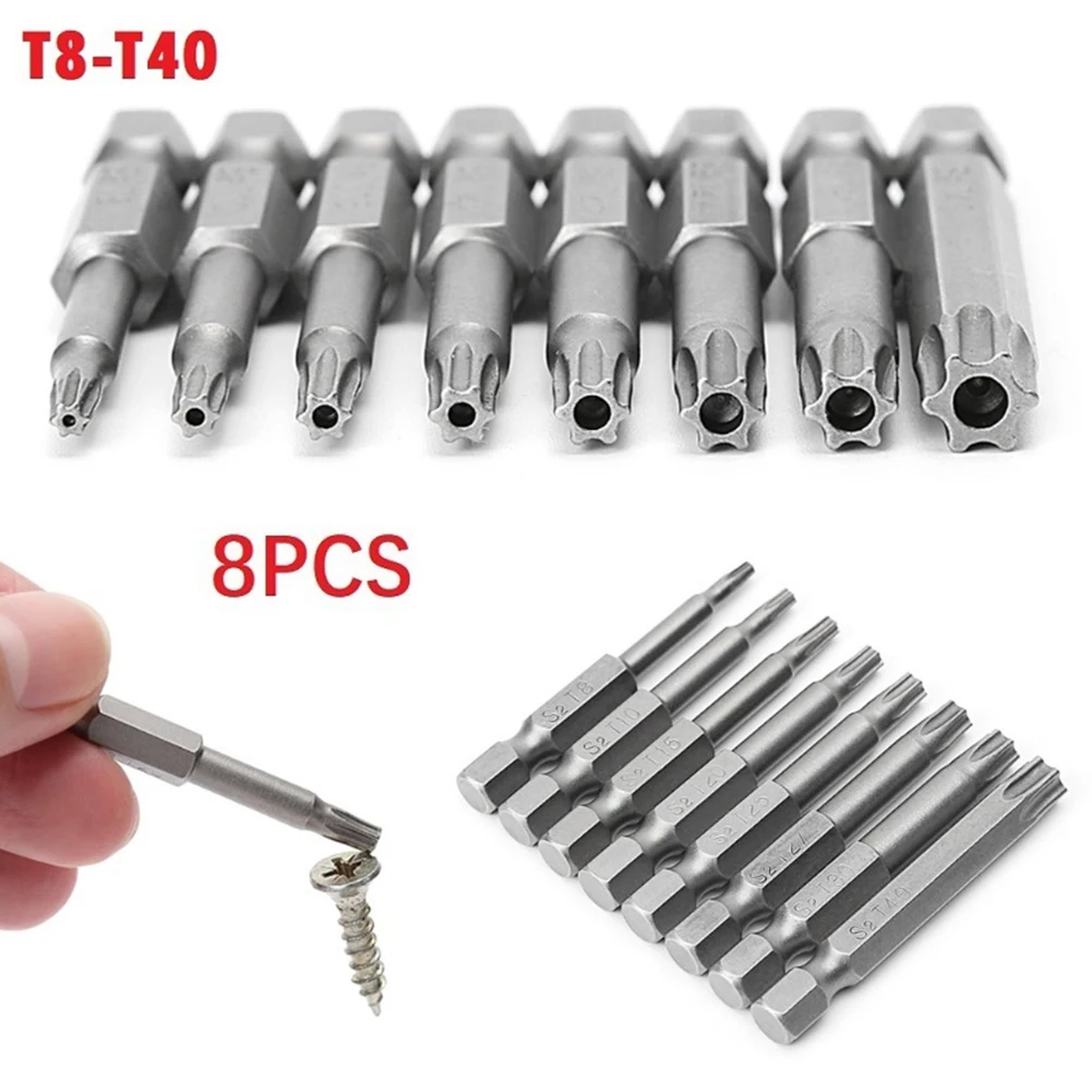 8pcs 50mm Torx Screwdriver Bits With Hole T8-T40 1/4 Inch Hex Shank ...