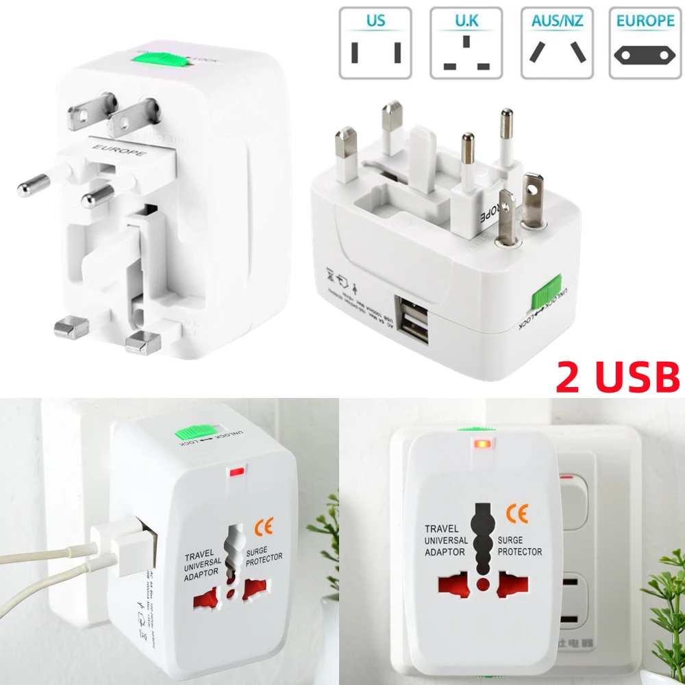 2 Usb Port Universal Plug Adapter All In One Eu Uk Us Au Conversion ...