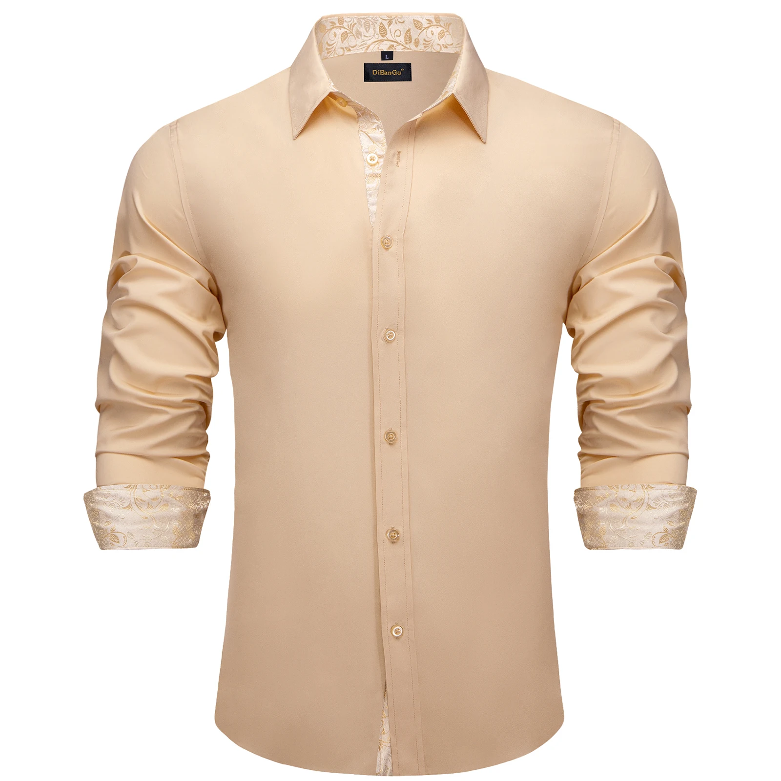 Beige Men's Solid Shirts Long Sleeve Fashion Casual Social Dress Shirt ...