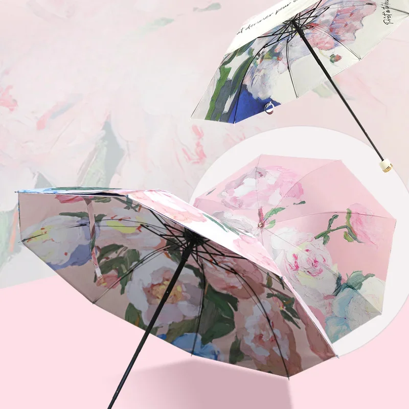 Tri-fold-Vinyl-Double-layer-Umbrella-Double-sided-Flower-Umbrella-Sun ...