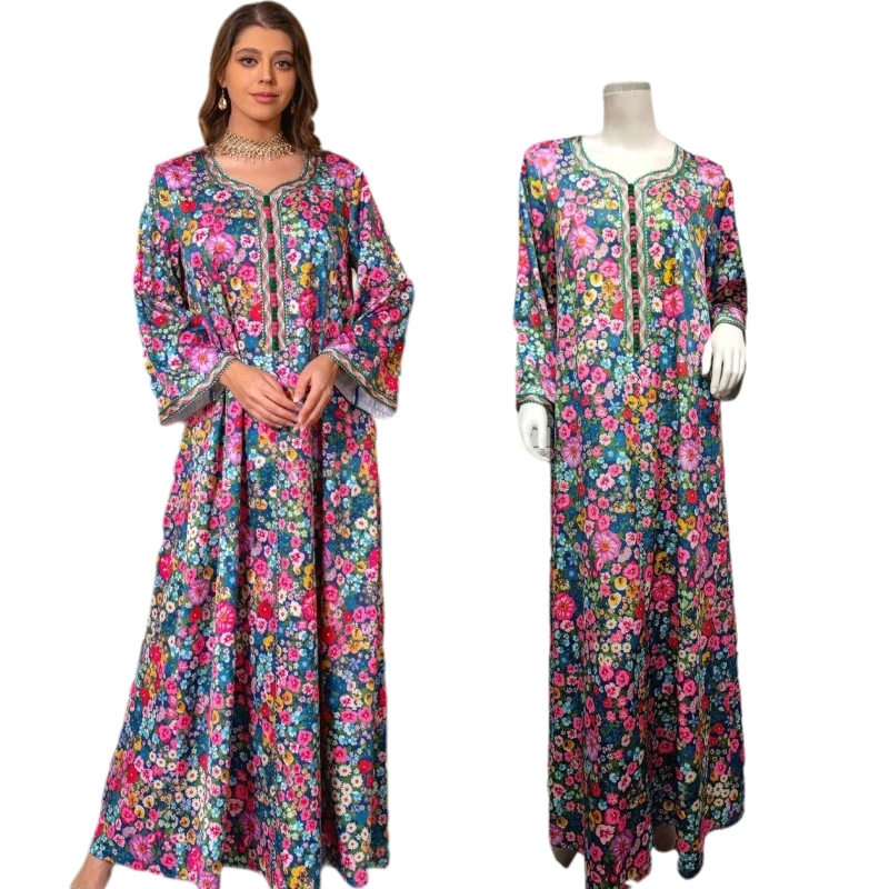 Elegant-Women-Floral-Long-Sleeve-Dress-Ethnic-EID-Vestidos-Muslim ...