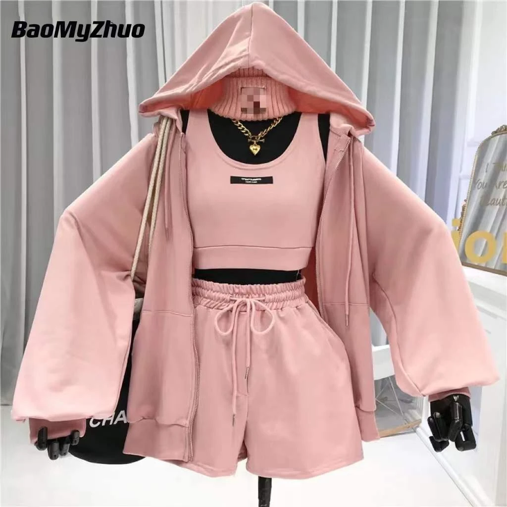 Casual Shorts Three 3 Piece Sets Women Vest Drawstring Shorts Hooded ...
