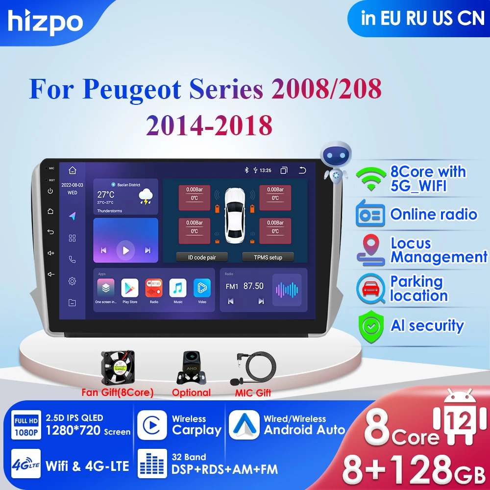 Carplay 2 Din Android 12 Reprodutor Multimídia Do Carro para Peugeot 208 Série 2008 2012 2018 ...