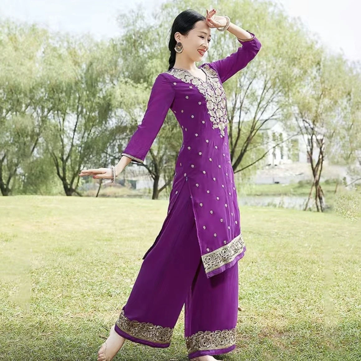 Traditional-Indian-Costume-Female-Elegant-Long-Sleeve-Top-Loose-Pants ...