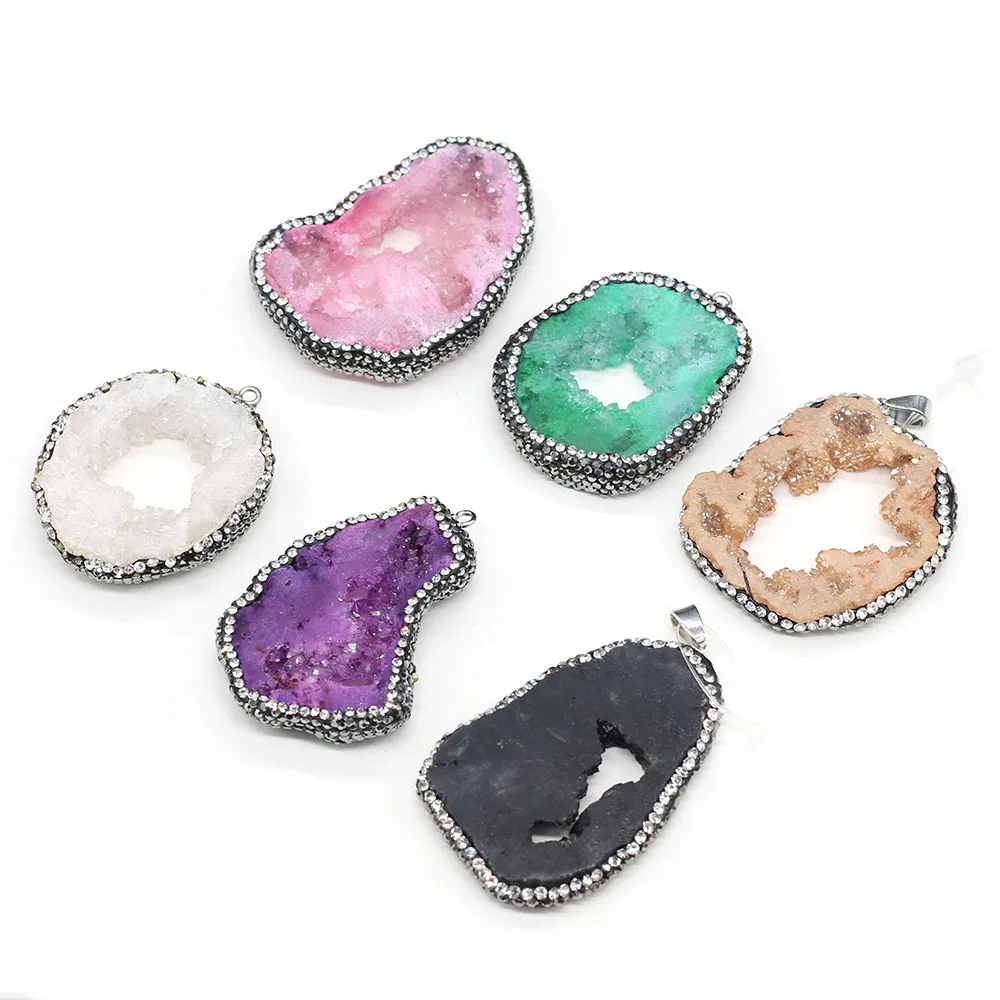 Natural Agates Stone Pendants Irregular Artificial Diamond Colorful ...