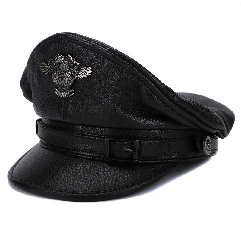 New-Retro-German-Military-Caps-For-Men-Male-Genuine-Leather-Flat-Top ...