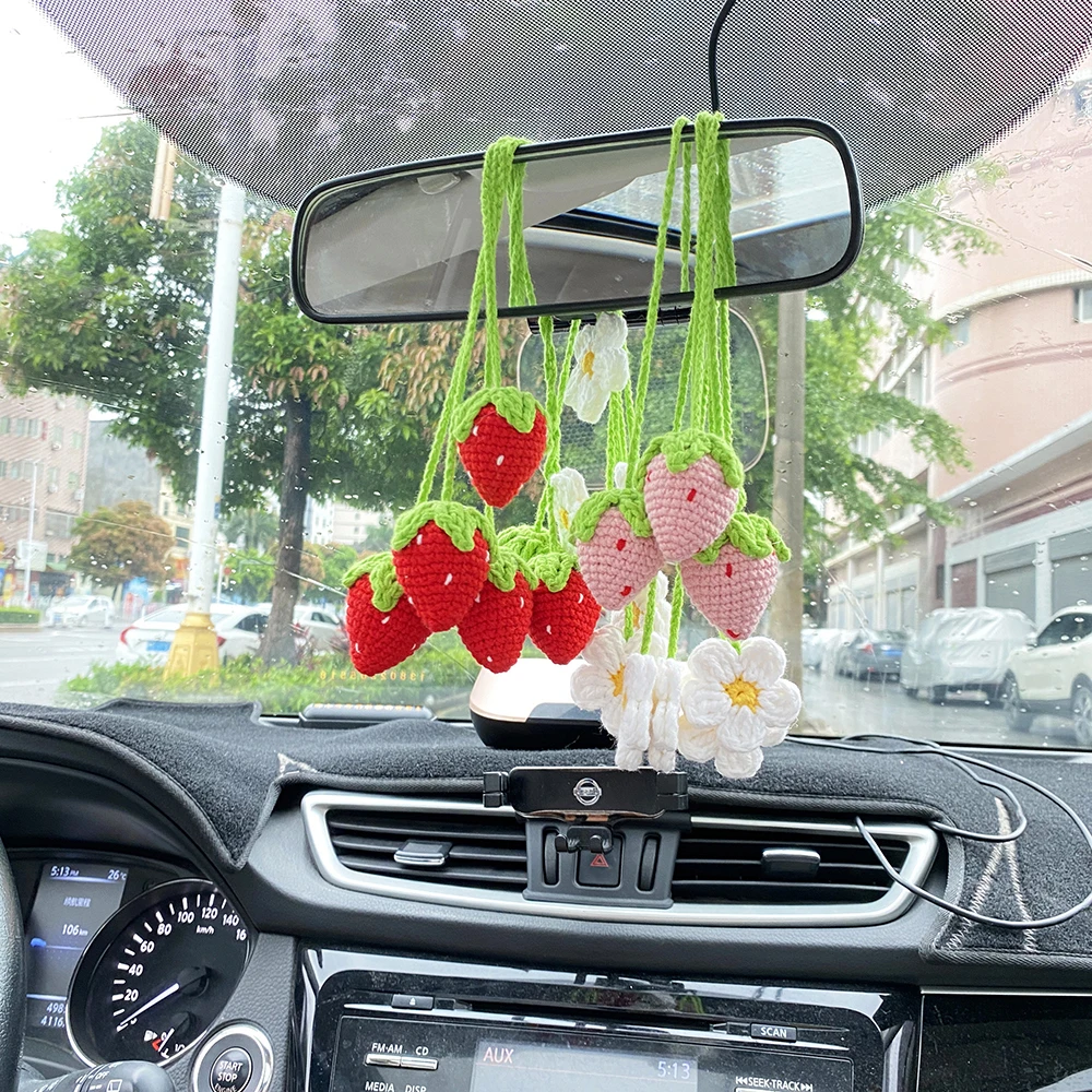 Super Cute Strawberry Fruit Car Decor Crochet Red/Pink Strawberry Car ...