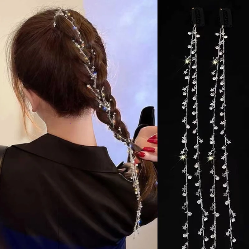 Fashion Rhinestone Chains Tassel Braided Hair Chain Shining Wig ...