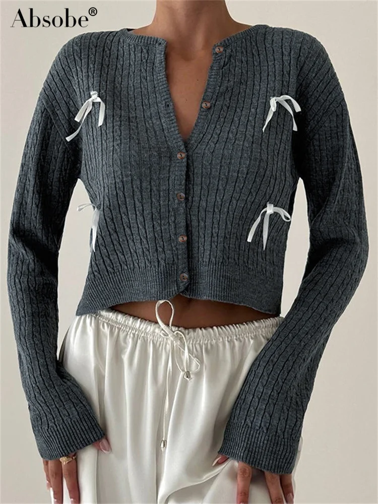 Absobe-Knitted-Spliced-Bows-Sweater-Cardigan-Women-Crew-Color-Contrastd ...