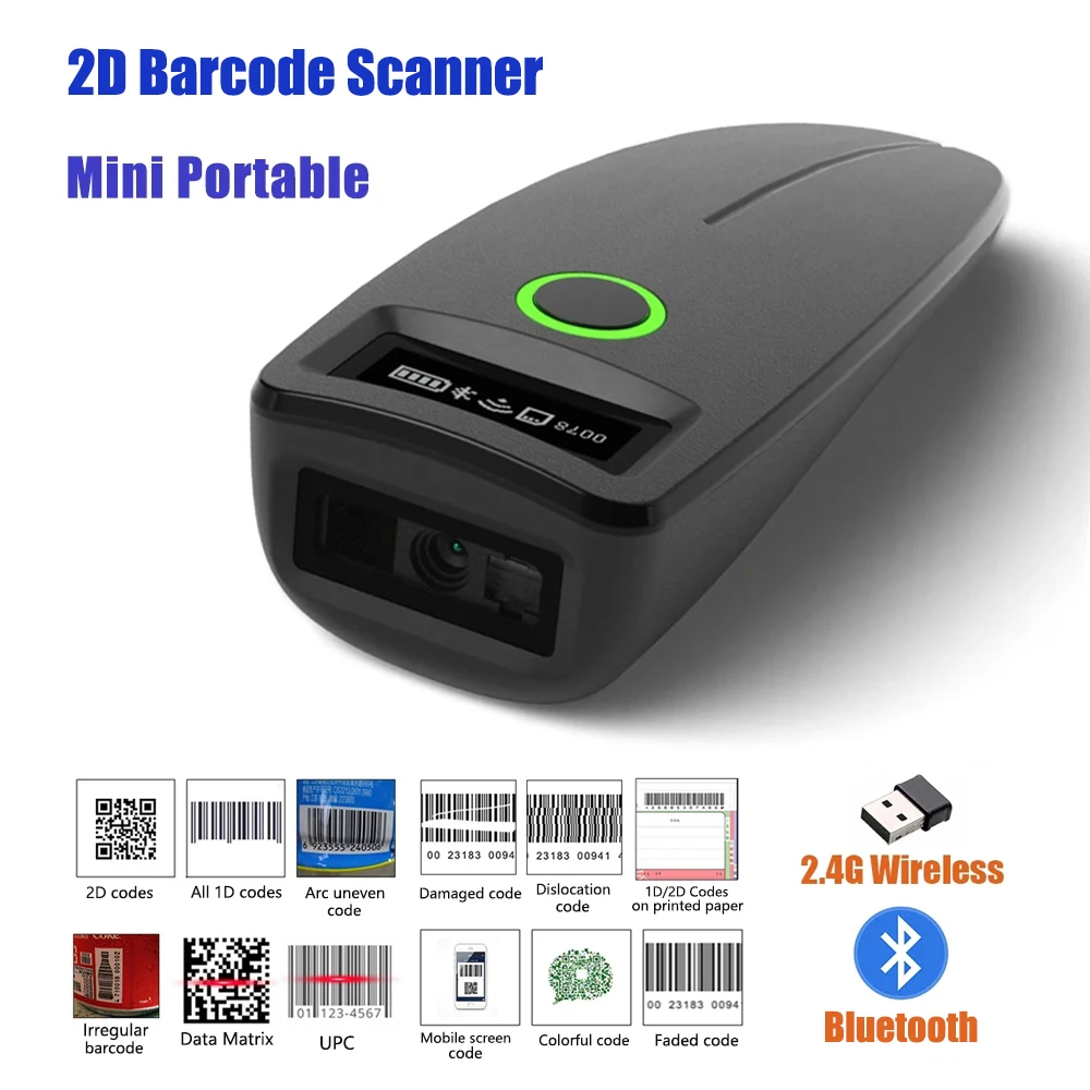 2D Barcode Scanner Mini 2.4G Wireless Bluetooth Handheld Portable 1D 2D ...