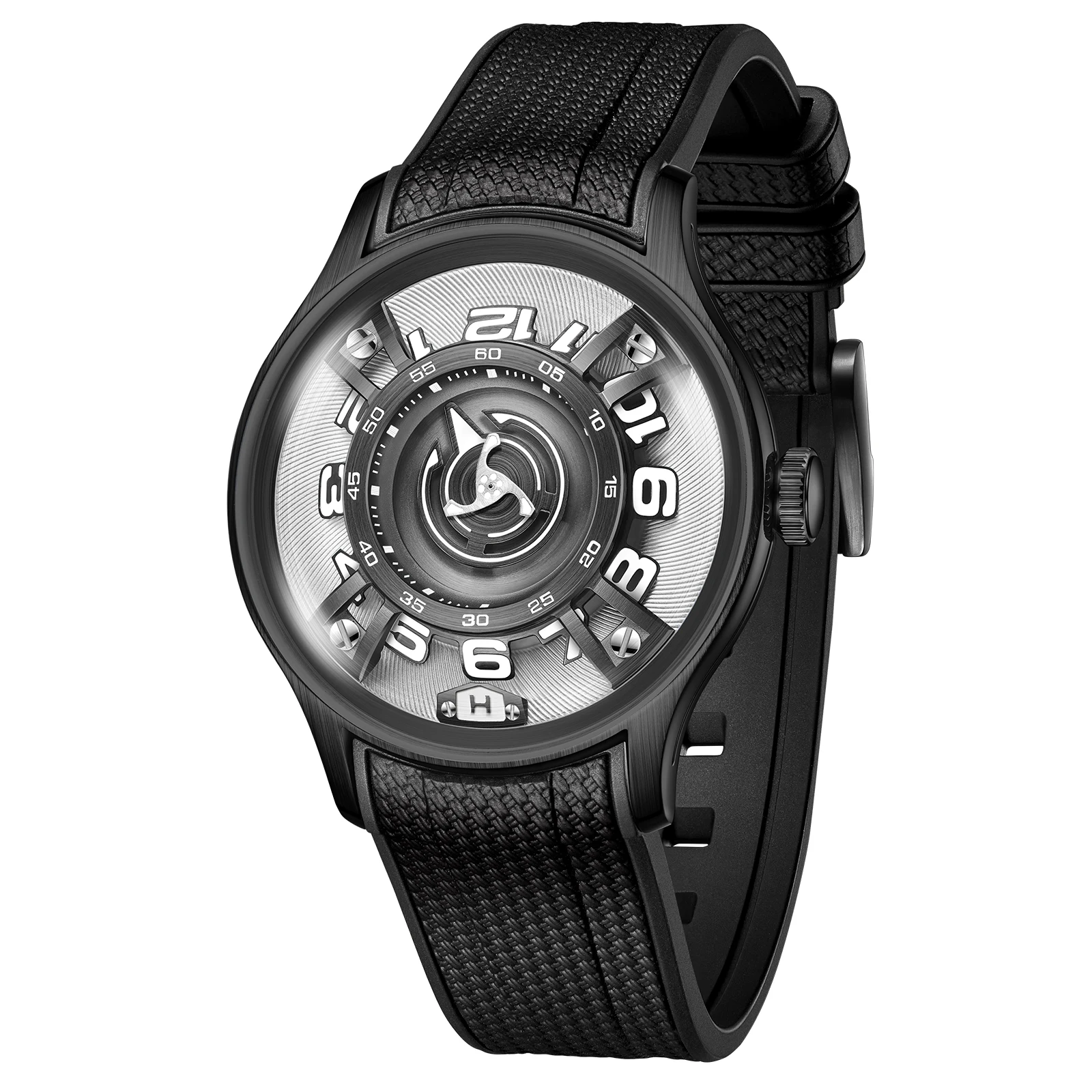 OBLVLO All Black Steel Curvature Engine Star Ship Automatic Watch Men ...