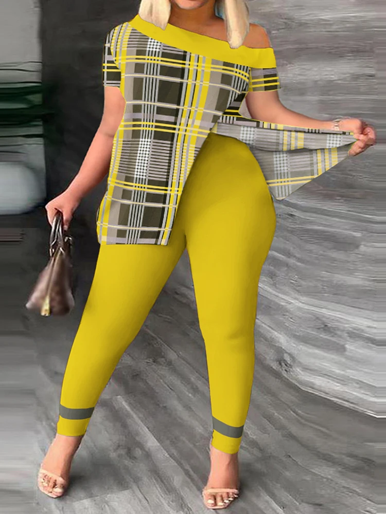 Plus Size Casual Outfits Two Piece Set, Women's Plus Plaid Print One ...