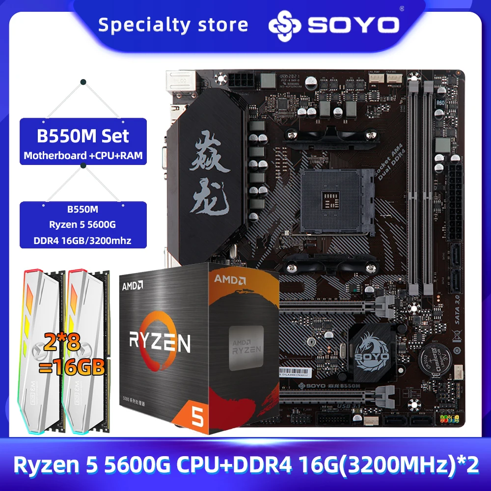 SOYO-Motherboard Jogo Original B550M com Ryzen 5, Kit de Memória CPU 5600G, RAM DDR4, Dual ...