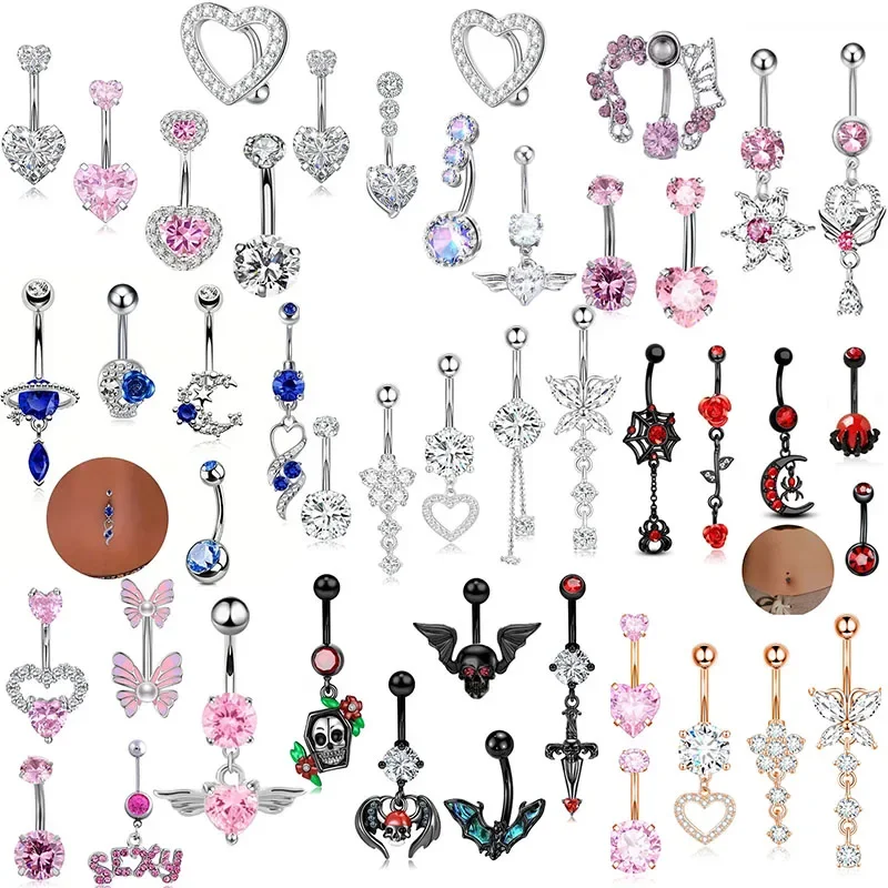5PCS-Pink-Crystal-Belly-Button-Rings-Set-Purple-Heart-Navel-Piercing ...