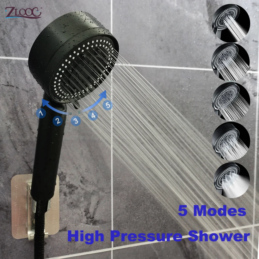 Zloog-Black-Shower-5-Modes-Adjustable-High-Pressure-Shower-Head-Water ...