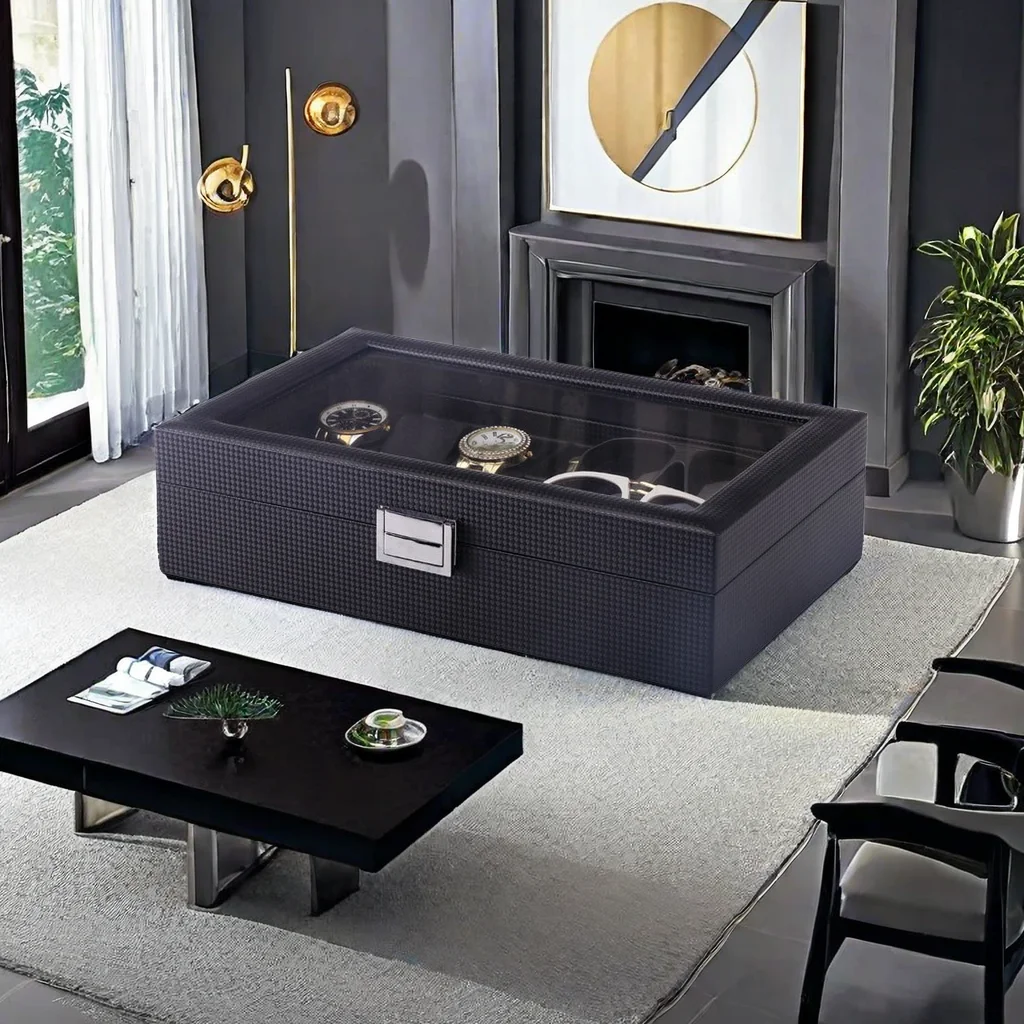 Watch-glasses-case-6-table-3-glasses-storage-box-carbon-fiber-PU ...