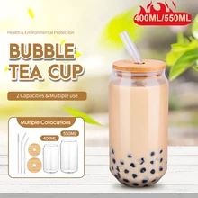 550ml/400ml Glass Cup With Lid and Straw Transparent Bubble Tea Cup ...