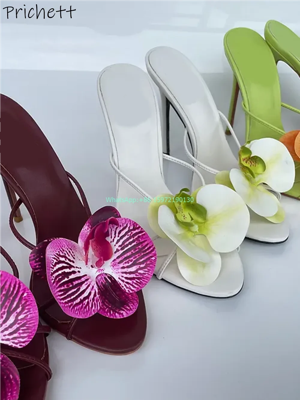 Orchid Round Toe Slippers High Heels Mixed Color Narrow Band Flower ...